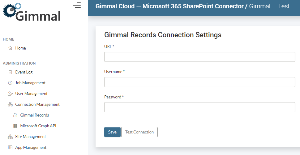 Create Gimmal Records Connection Settings